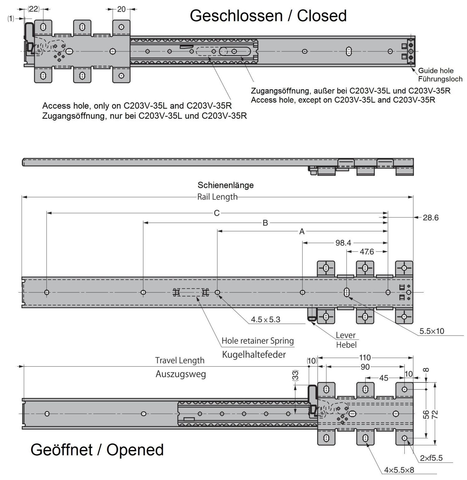 A pair of invisible underbody guides, drawer slides for the showcase ...